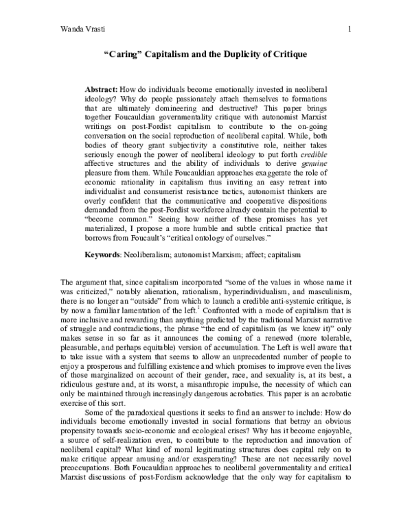 (PDF) "Caring" Capitalism and the Duplicity of Critique