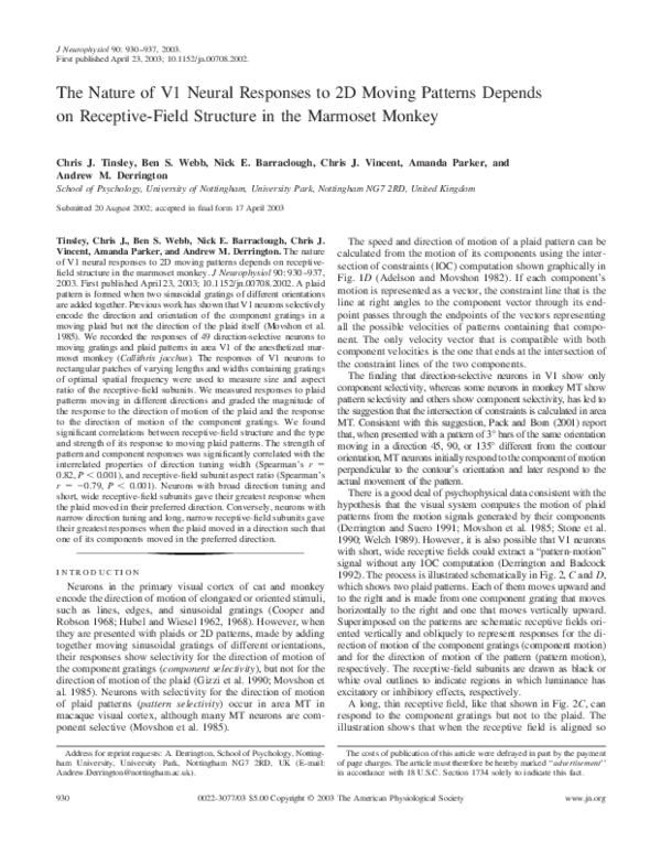 (PDF) The Nature of V1 Neural Responses to 2D Moving Patterns Depends on Receptive-Field ...