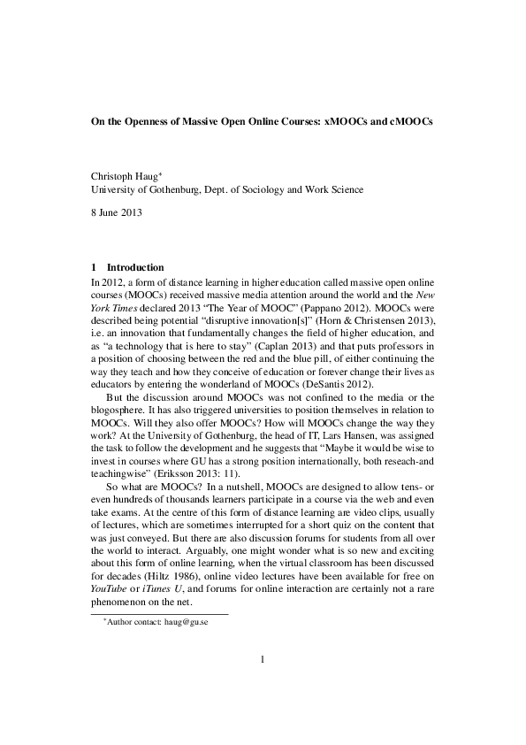 (PDF) On the Openness of Massive Open Online Courses: xMOOCs and cMOOCs