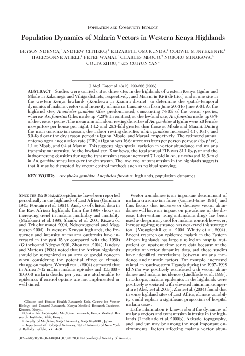 (PDF) POPULATION AND COMMUNITY ECOLOGY Population Dynamics of Malaria Vectors in Western Kenya ...
