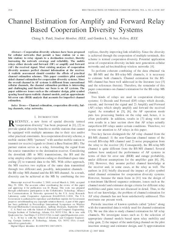(PDF) Channel Estimation for Amplify and Forward Relay Based Cooperation Diversity Systems