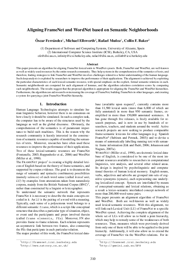 (PDF) Aligning FrameNet and WordNet based on Semantic Neighborhoods