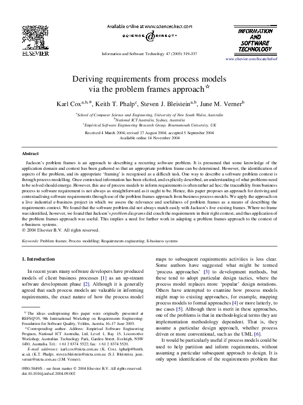 (PDF) Deriving requirements from process models via the problem frames approach