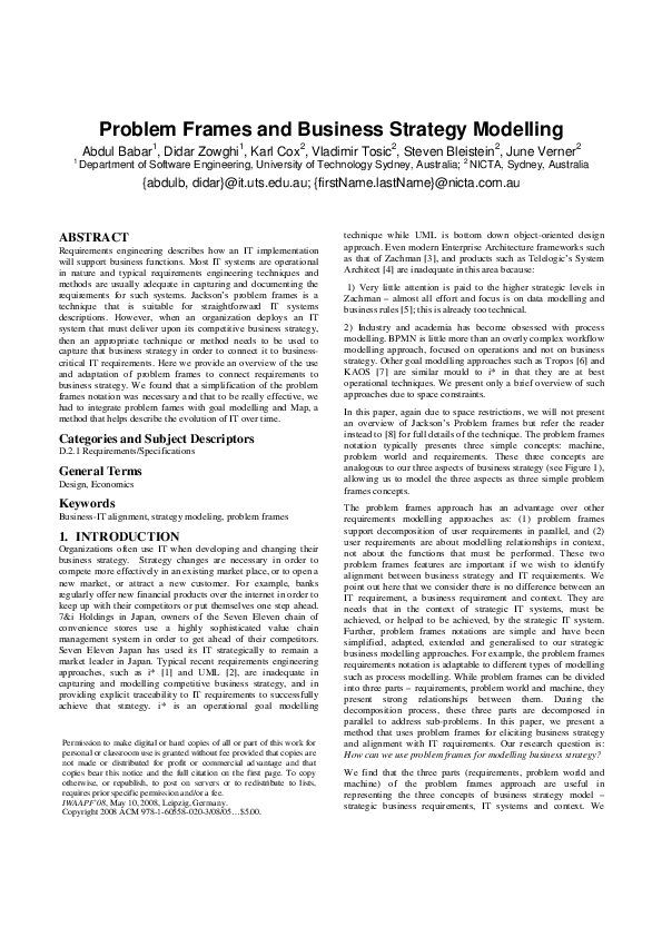 (PDF) Problem frames and business strategy modelling