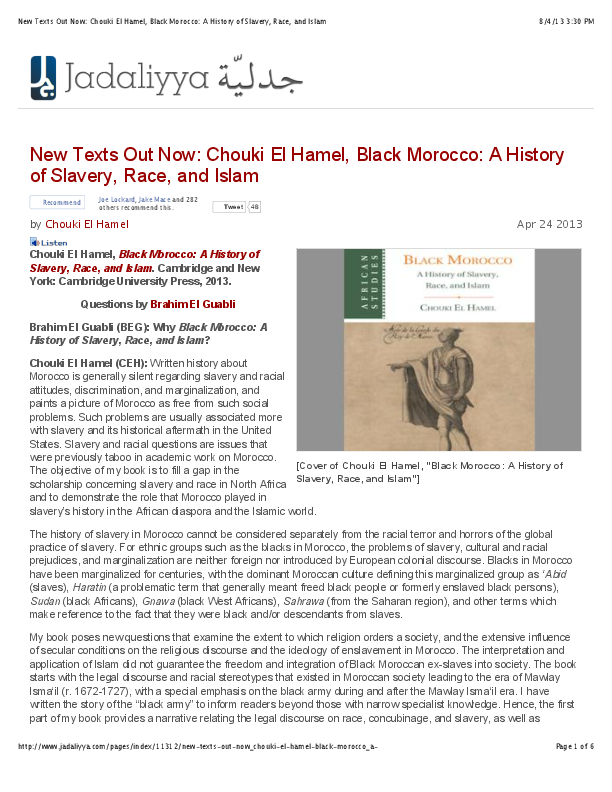 (PDF) New Texts Out Now: Chouki El Hamel, Black Morocco: A History of ...