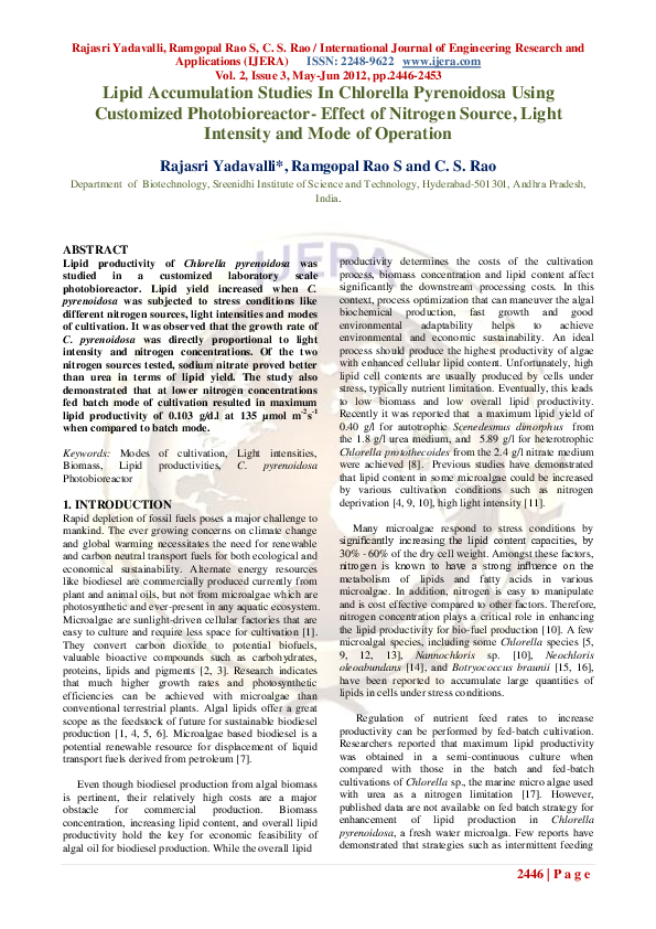 (PDF) 2446 | P a g e Lipid Accumulation Studies In Chlorella Pyrenoidosa Using Customized ...