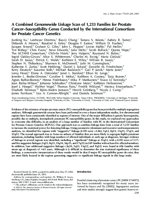 (PDF) A Combined Genomewide Linkage Scan of 1,233 Families for Prostate ...