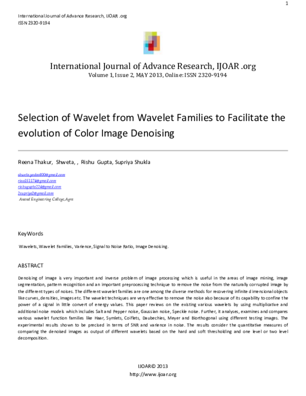 (PDF) Selection of Wavelet from Wavelet Families to Facilitate the evolution of Color Image ...
