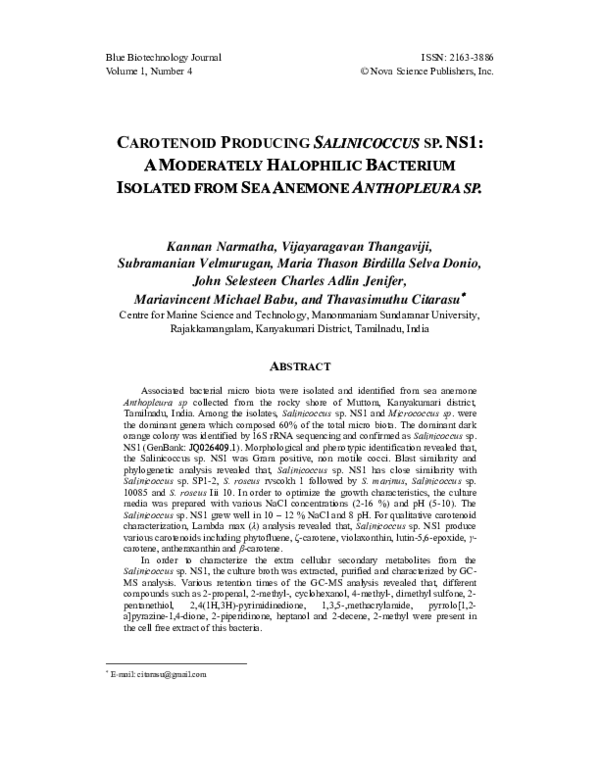 (PDF) CAROTENOID PRODUCING SALINICOCCUS SP. NS1: A MODERATELY HALOPHILIC BACTERIUM ISOLATED FROM ...