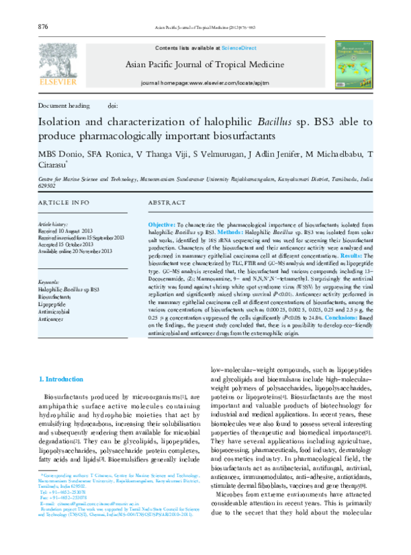 (PDF) Isolation and characterization of halophilic Bacillus sp. BS3 able to produce ...