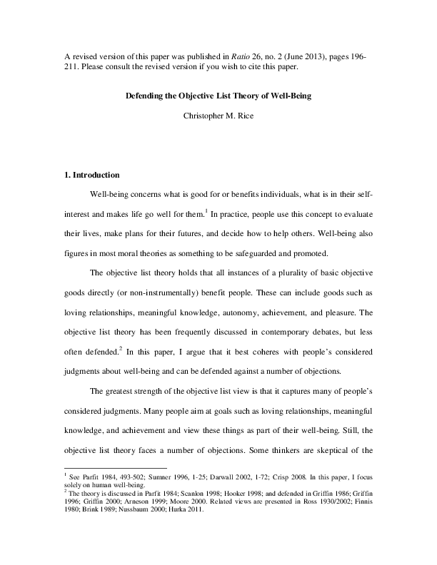 (PDF) Defending the Objective List Theory of Well-Being
