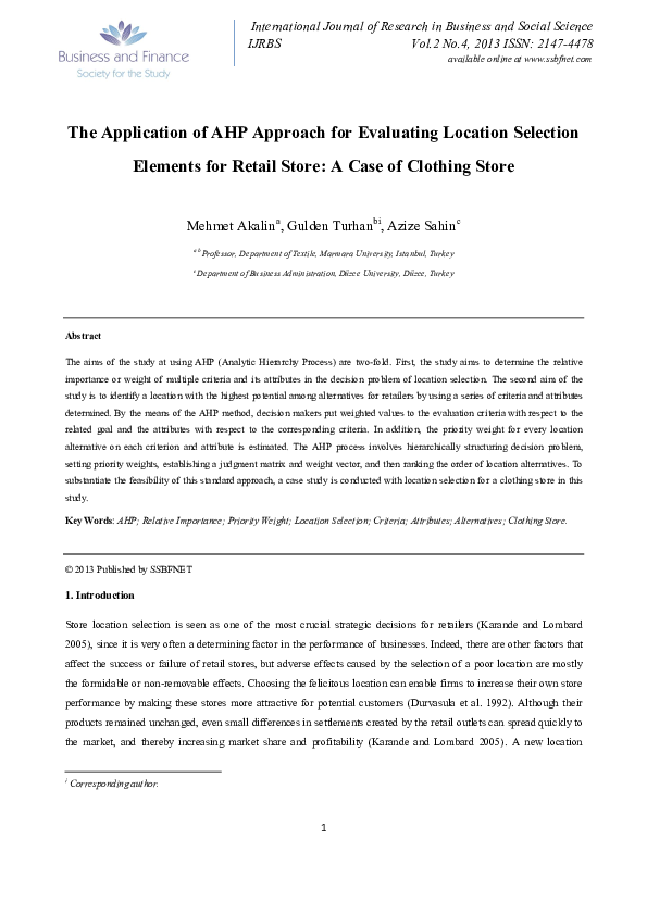 Pdf The Application Of Ahp Approach For Evaluating Location Selection Elements For Retail
