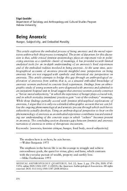 (PDF) Being Anorexic: Hunger Subjectivity and Embodied Morality