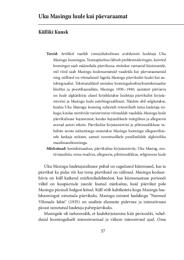 (PDF) Uku Masingu luule kui päevaraamat (Uku Masing’s poetry as a diary)