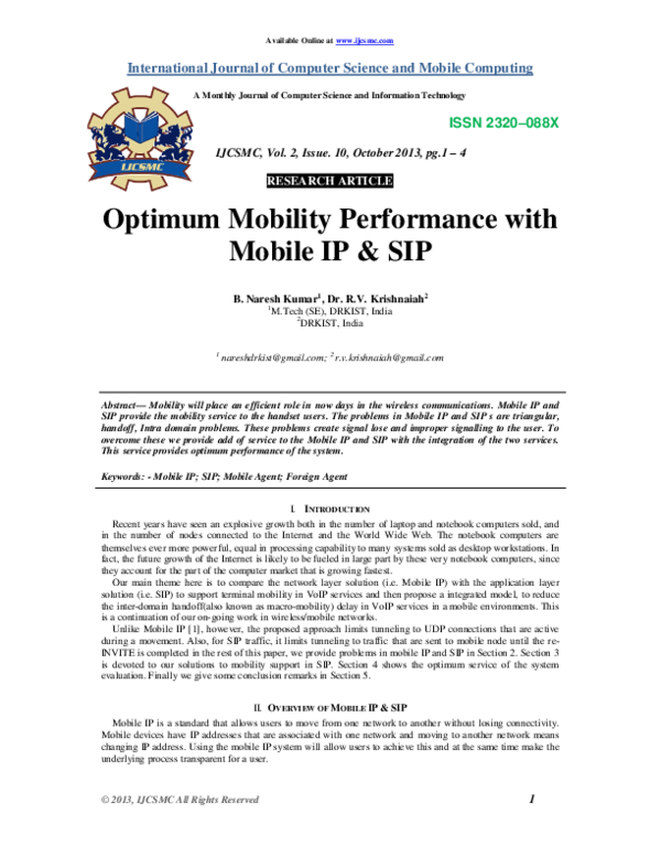 Pdf Optimum Mobility Performance With Mobile Ip And Sip﻿