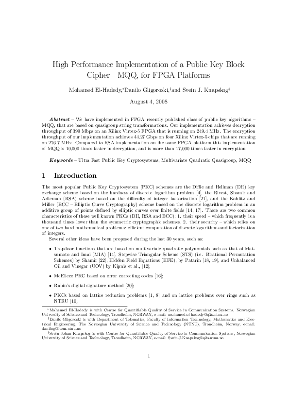 (PDF) High Performance Implementation of a Public Key Block Cipher - MQQ, for FPGA Platforms