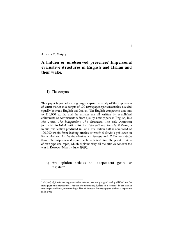 (PDF) Impersonal Evaluative Structures in English and Italian