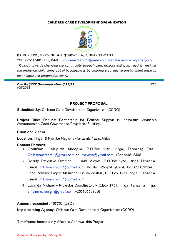 (DOC) CHILDREN CARE DEVELOPMENT ORGANIZATION Project Title: Request ...