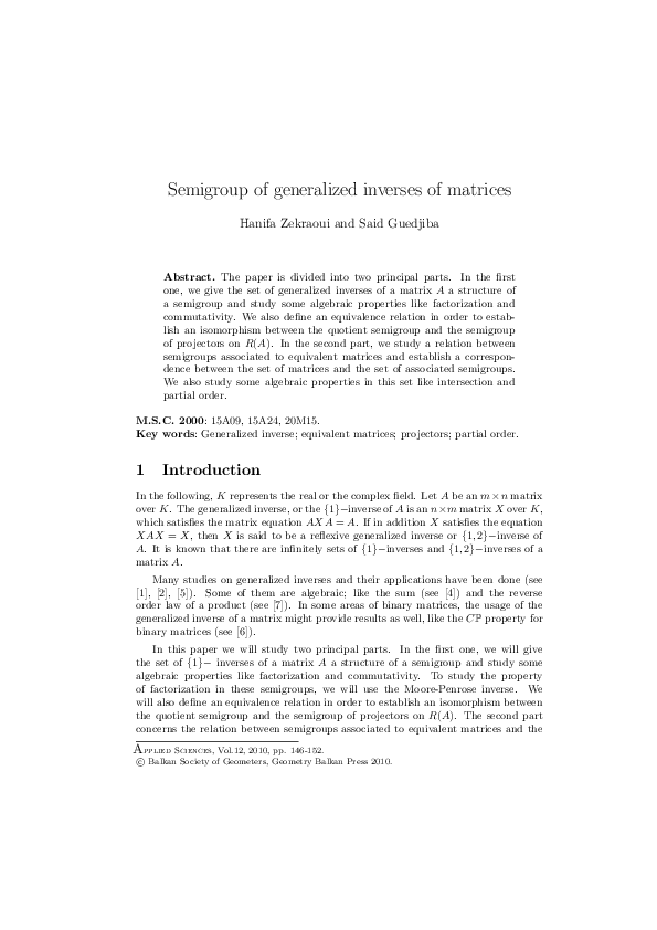 Pdf Semigroup Of Generalized Inverses Of Matrices