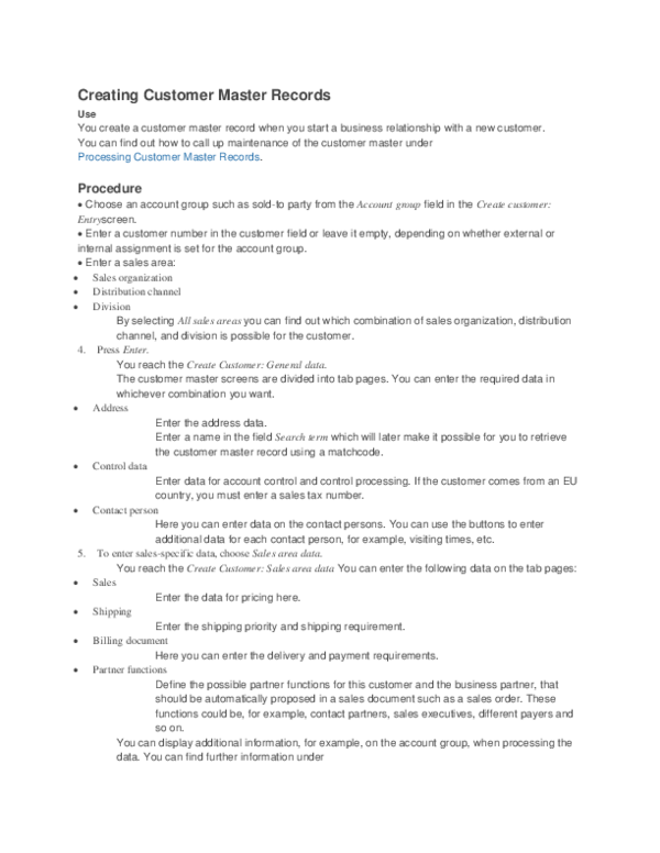(DOC) Creating Customer Master Records Use