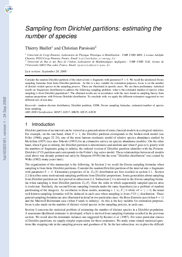 (PDF) Sampling from Dirichlet populations: estimating the number of species