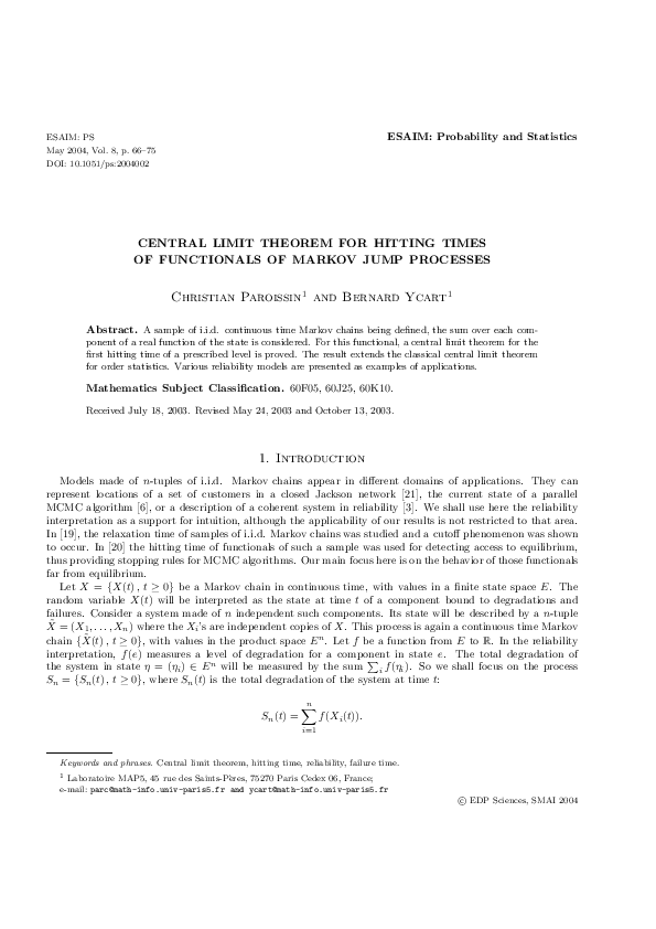 (PDF) Central limit theorem for hitting times of functionals of Markov jump processes