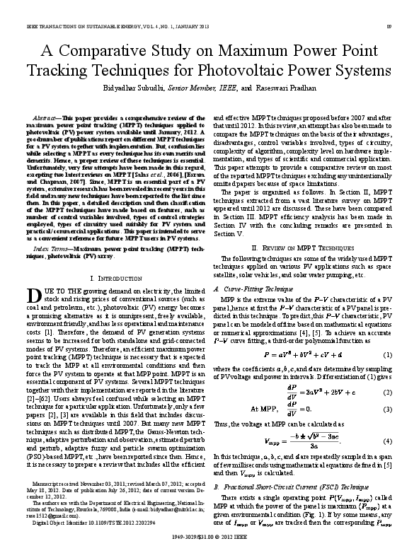(PDF) A Comparative Study on Maximum Power Point Tracking Techniques for Photovoltaic Power Systems