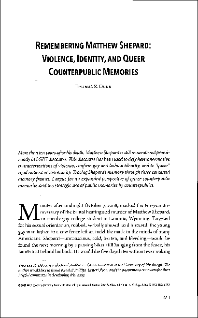 (PDF) Remembering Matthew Shepard: Violence, Identity, and Queer ...