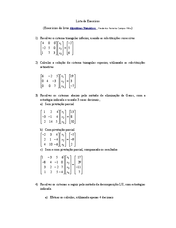 (PDF) Lista de Exercícos (Exercícios do livro Algoritmos Numéricos