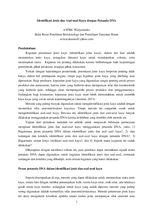 (PDF) Identifikasi Jenis dan Asal-usul Kayu dengan Penanda DNA