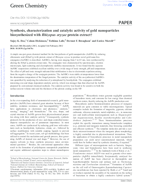 (PDF) Synthesis, characterization and catalytic activity of gold nanoparticles biosynthesized ...