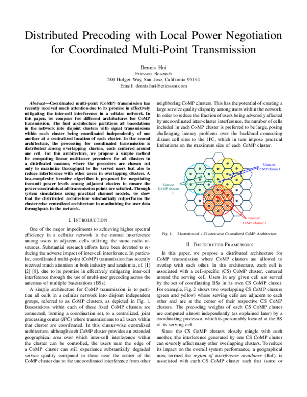 Pdf Distributed Precoding With Local Power Negotiation For Coordinated Multi Point Transmission
