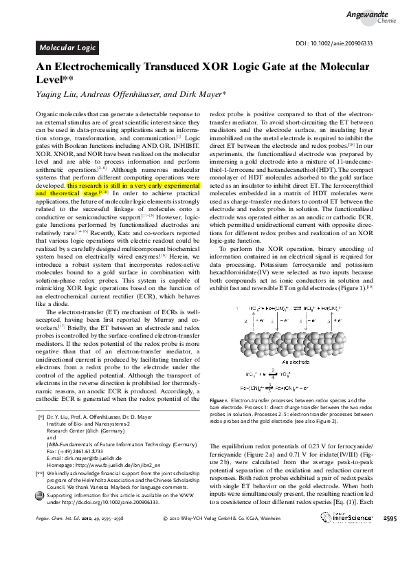 (PDF) Molecular Logic An Electrochemically Transduced XOR Logic Gate at the Molecular Level**