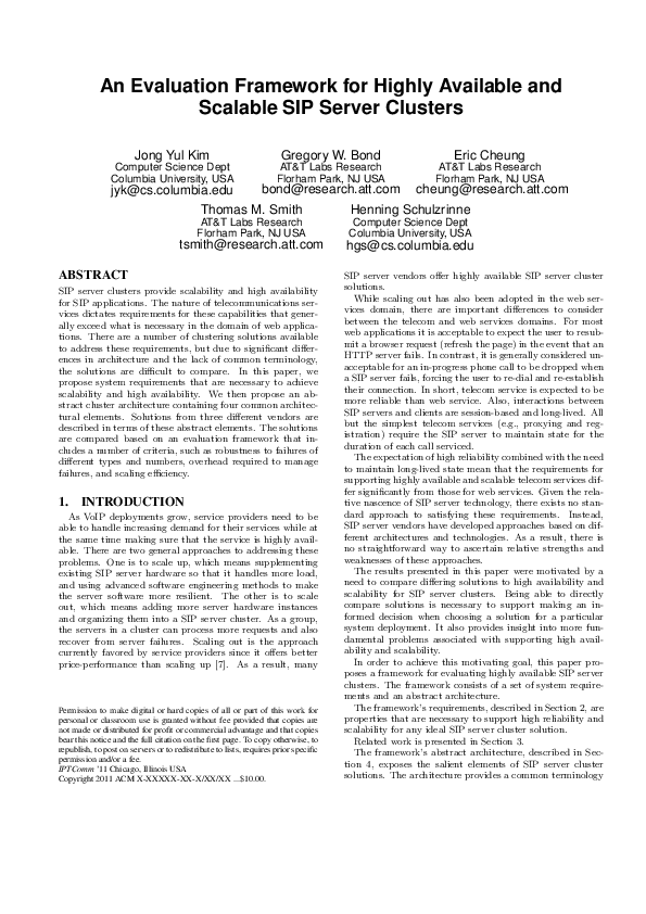Pdf An Evaluation Framework For Highly Available And Scalable Sip Server Clusters