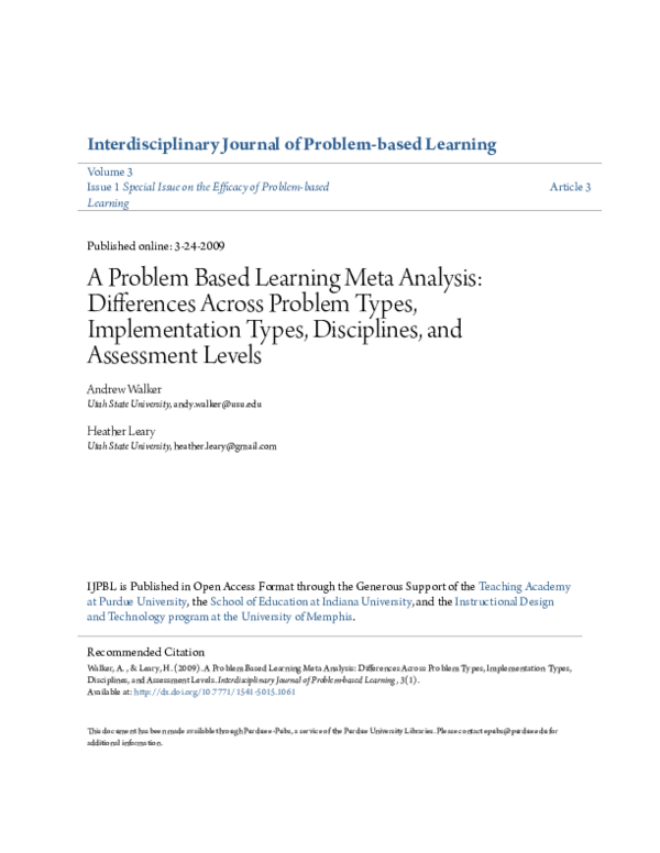 Pdf A Problem Based Learning Meta Analysis Diff Erences Across Problem Types Implementation
