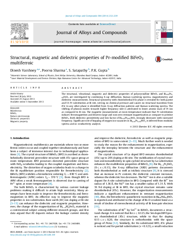 (PDF) Structural, magnetic and dielectric properties of Pr-modified BiFeO3 multiferroic