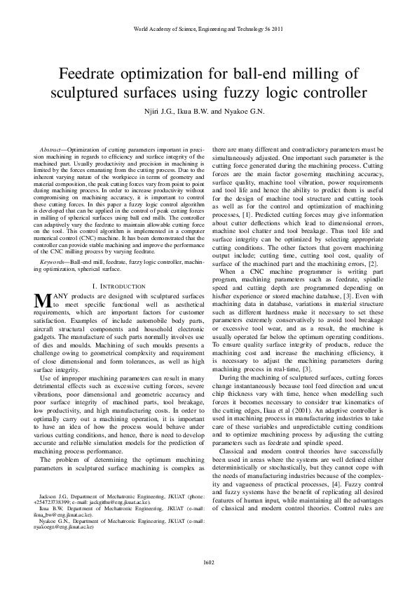 Pdf Feedrate Optimization For Ball End Milling Of Sculptured Surfaces Using Fuzzy Logic Controller