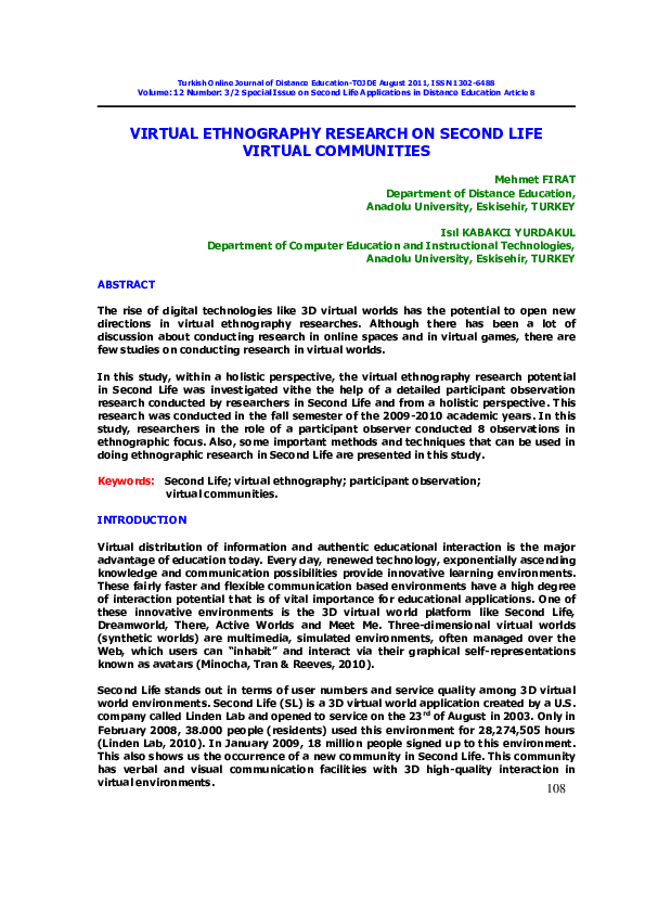 Pdf Virtual Ethnography Research On Second Life Virtual Communities