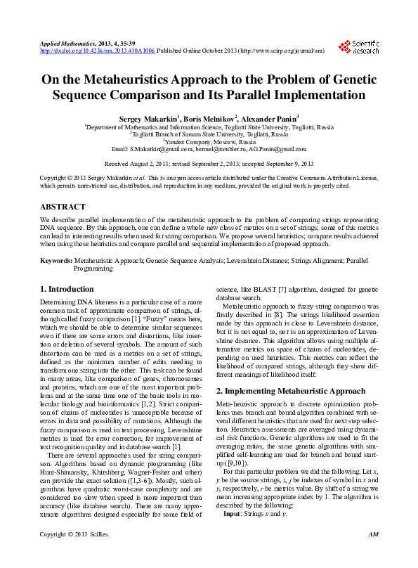 Pdf On The Metaheuristics Approach To The Problem Of Genetic Sequence Comparison And Its