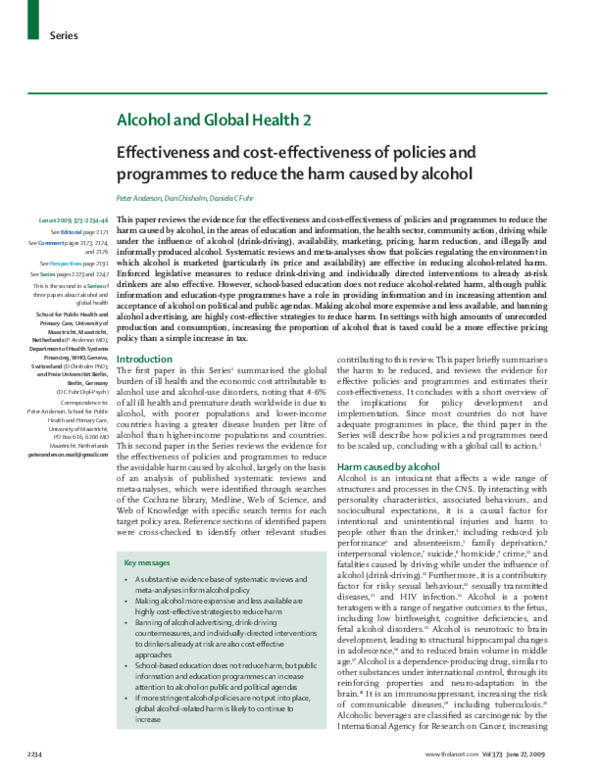 (PDF) Alcohol and Global Health 2 Eff ectiveness and cost-eff ...