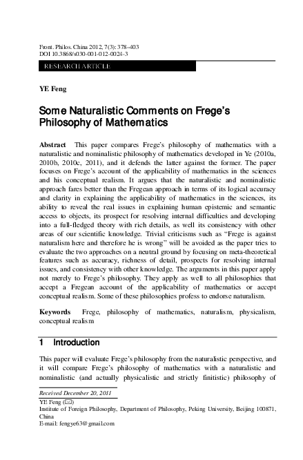 (PDF) Some naturalistic comments on Frege’s philosophy of mathematics