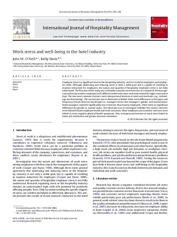 (PDF) Work stress and well-being in the hotel industry