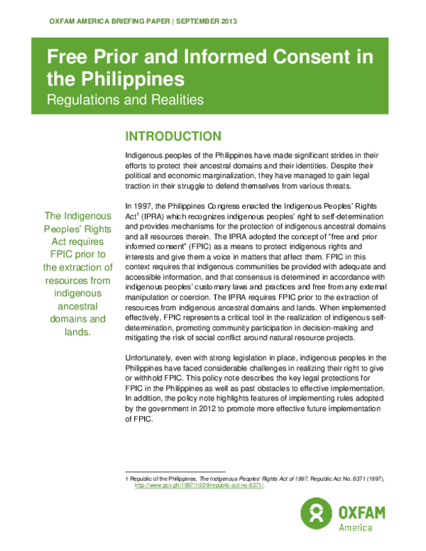 (PDF) Free Prior and Informed Consent in the Philippines: Regulations ...