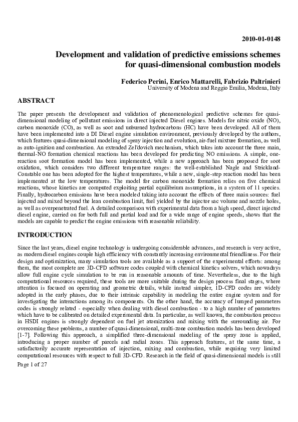 Pdf Development And Validation Of Predictive Emissions Schemes For Quasi Dimensional
