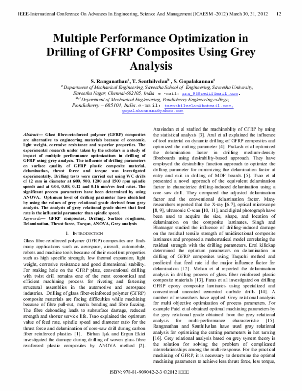 Pdf Multiple Performance Optimization In Drilling Of Gfrp Composites Using Grey Analysis