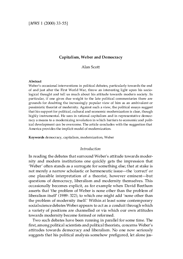 (PDF) Capitalism, Weber and democracy