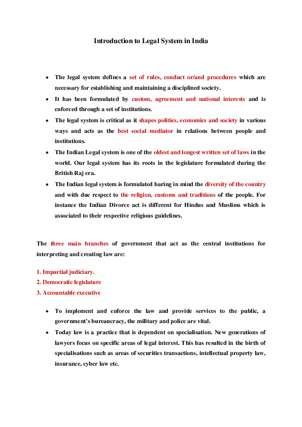 (DOC) Introduction to Legal System in India