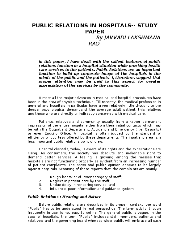 (DOC) PUBLIC RELATIONS IN HOSPITALS--STUDY PAPER By JAVVADI LAKSHMANA RAO