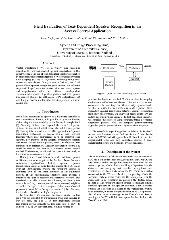 Pdf Field Evaluation Of Text Dependent Speaker Recognition In An Access Control Application
