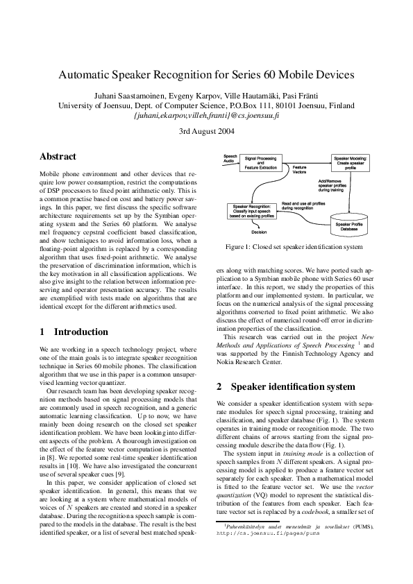 (PDF) Automatic Speaker Recognition for Series 60 Mobile Devices